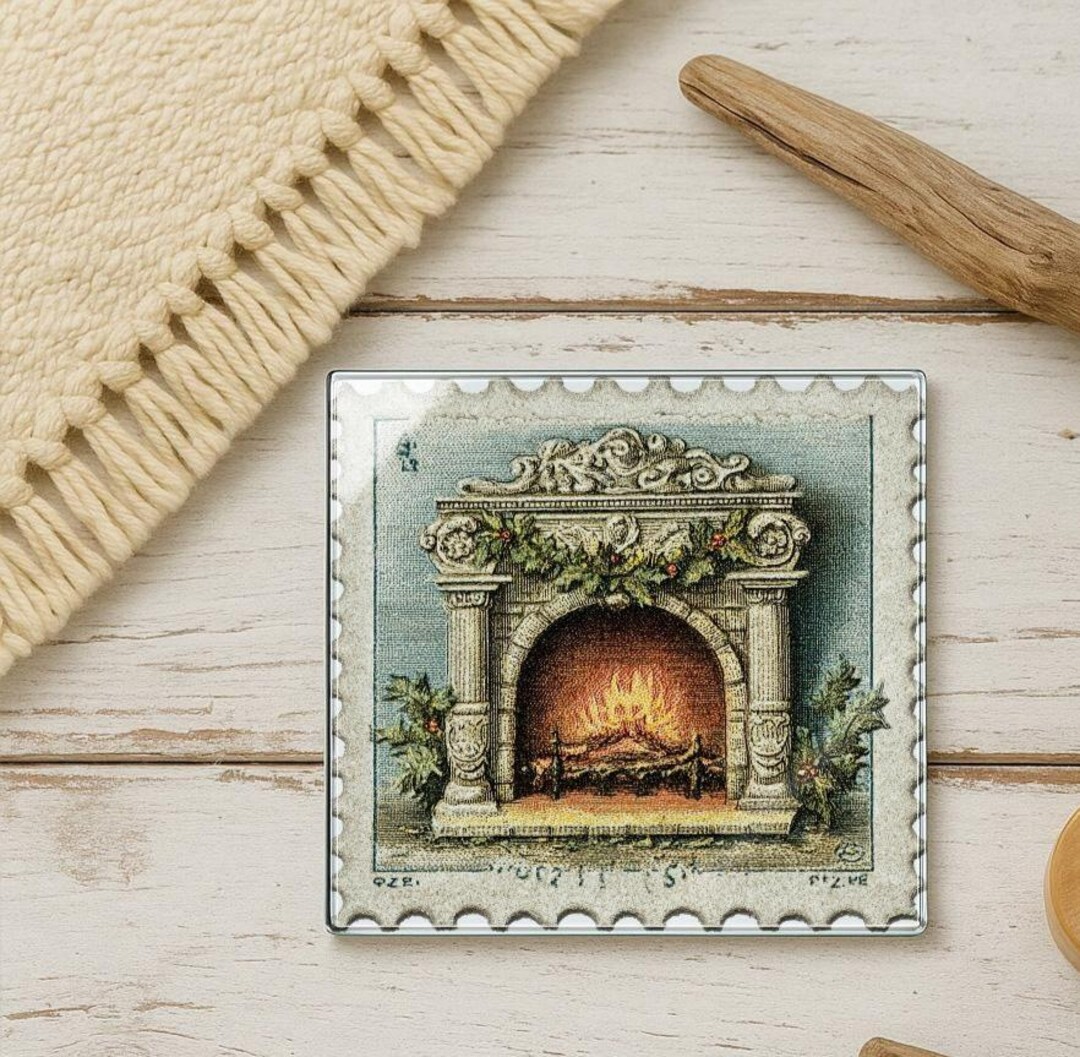 Vintage Fireplace Postage Stamp Glass Coaster – Holiday Home Decor - Etsy