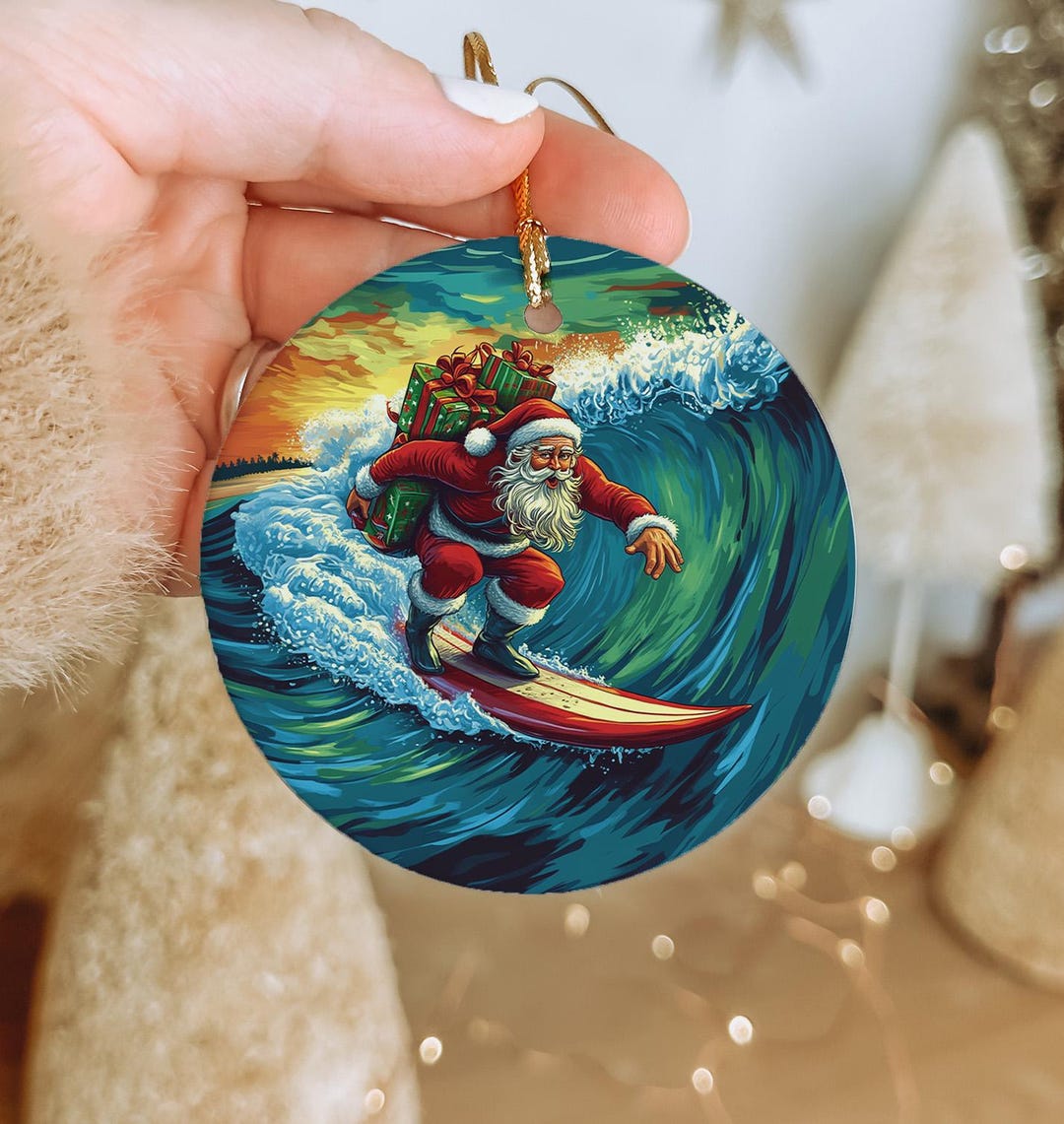 Surfing Santa Ceramic Christmas Ornament, Holiday Surfboard Decor - Etsy