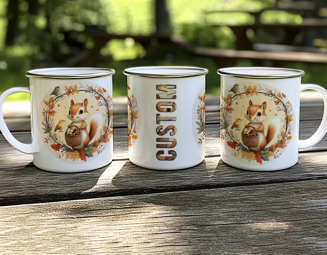 Fall Nut Collecting Squirrel Scripty Personalized Tin Mug, Enamel ...
