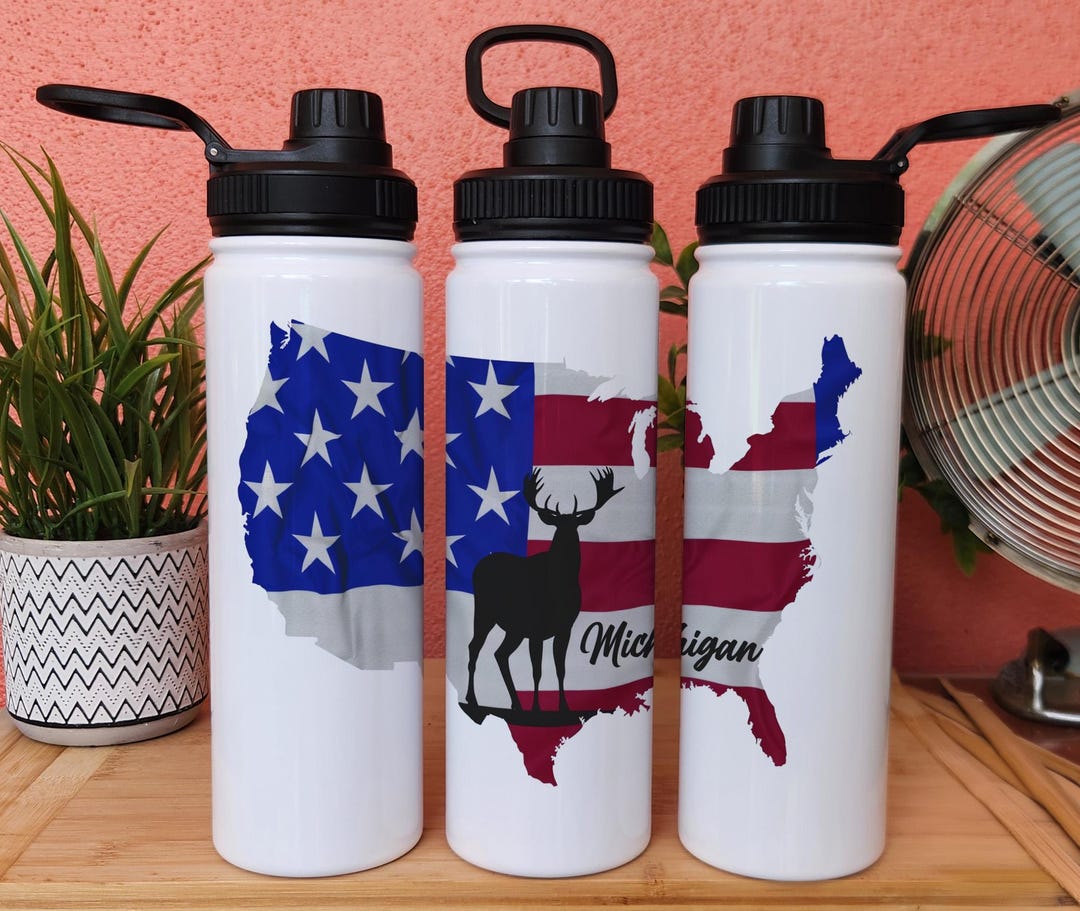 Michigan USA Water Bottle, American Flag Deer, Patriotic Hunting Gear ...