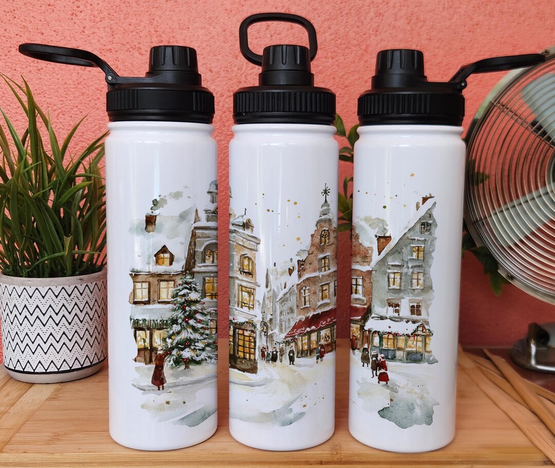 New England Christmas Metal Water Bottle, Small Town Holiday, Winter ...
