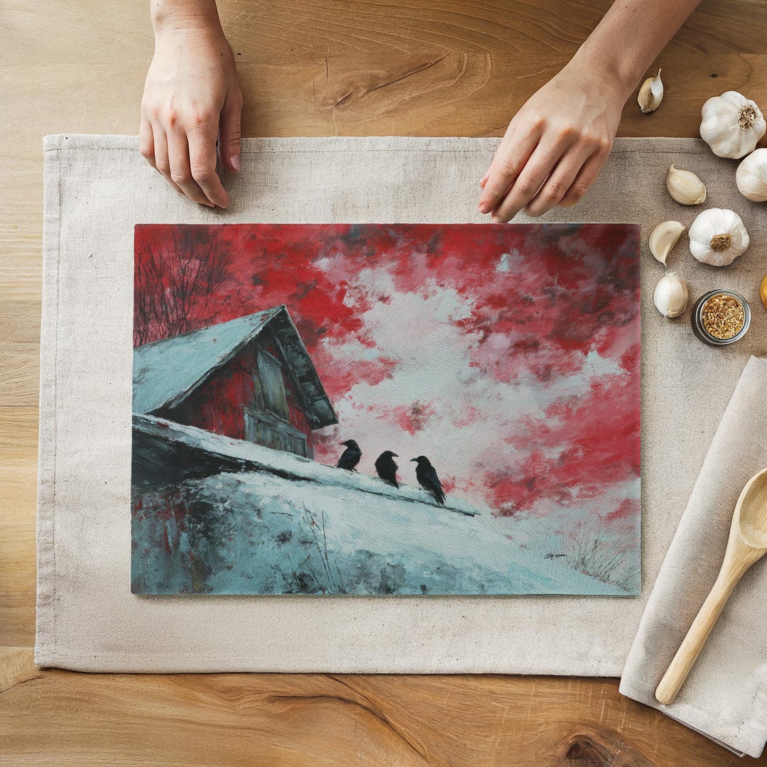 Ravens on Snowy Barn Cutting Board: Winter Farmhouse Kitchen Decor - Etsy