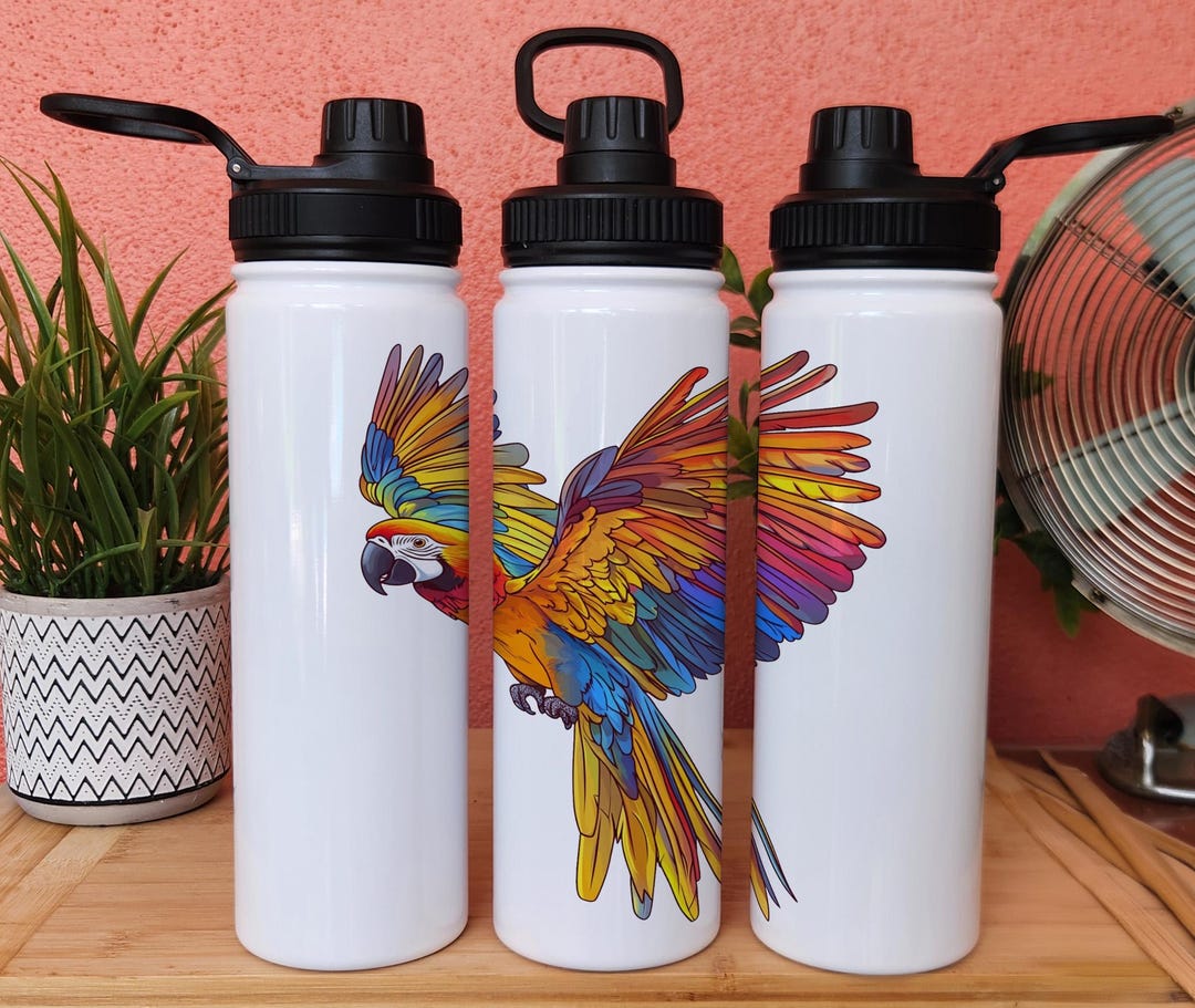 Majestic Parrot Metal Water Bottle, Whimsical Bird Design, Durable ...