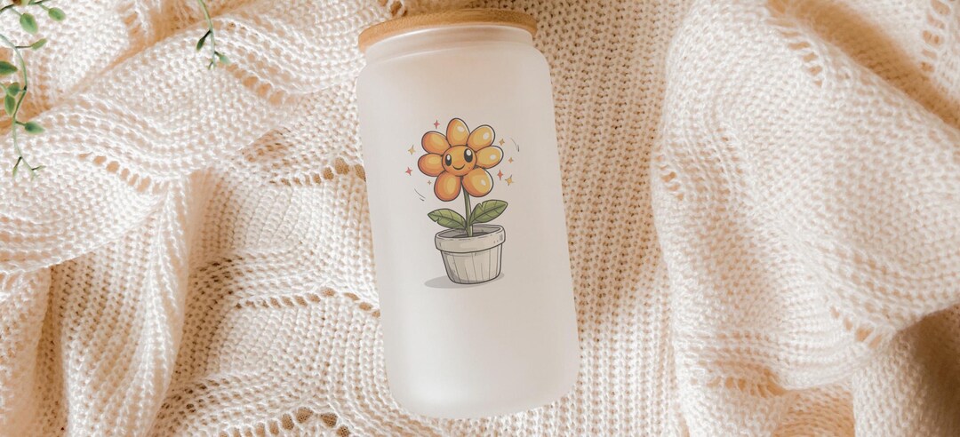 Glass Cup, Glass Tumbler, Cute Flower Cartoon, Fun Glassware, Unique ...