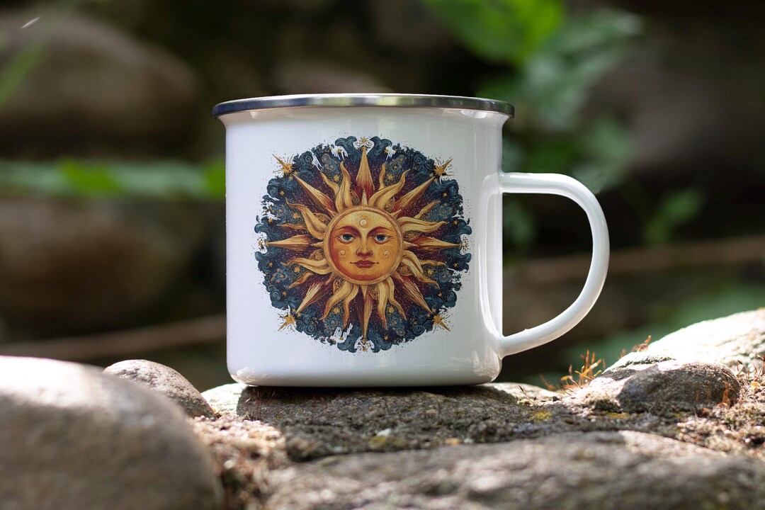 Celestial Sun Enamel Camping Mug: Cosmic Boho Coffee Cup - Etsy