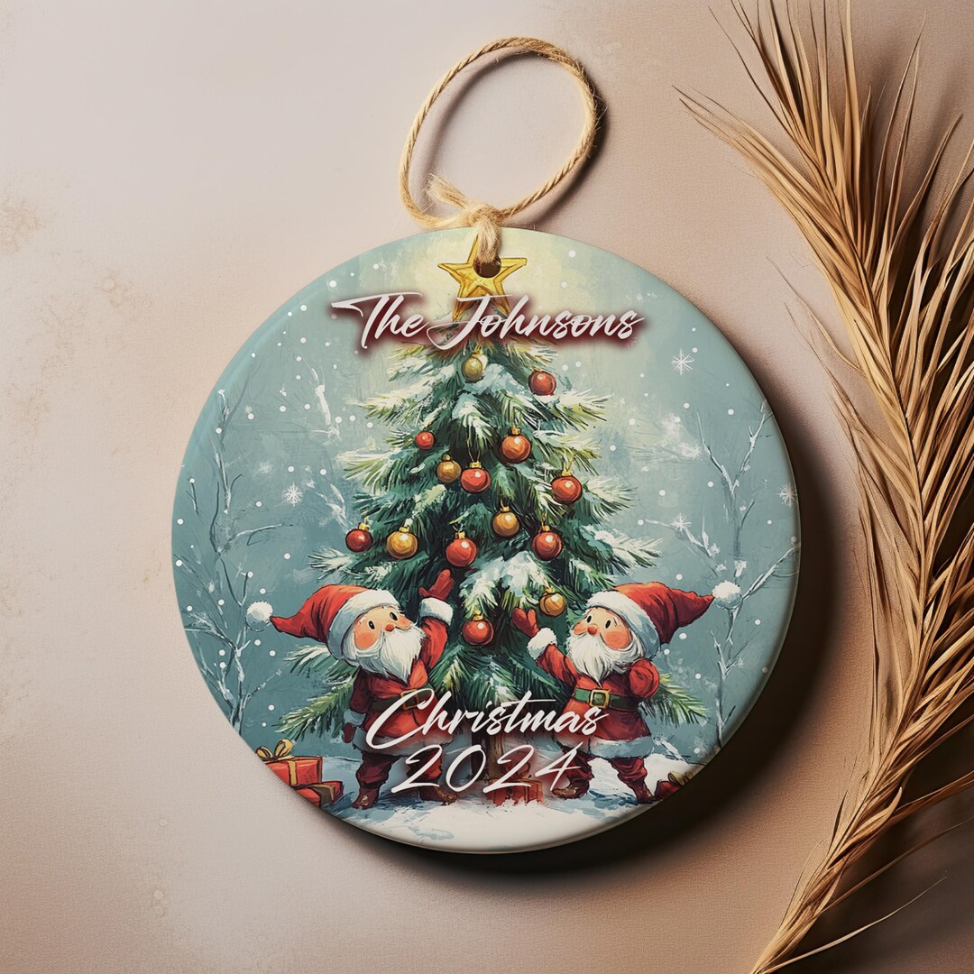 Santa Decorating Tree Ceramic Ornament, Christmas Decor, Custom Gift ...