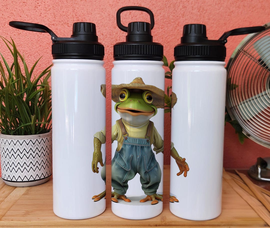 Frog Coveralls Straw Hat Metal Water Bottle, Cute Amphibian Design ...