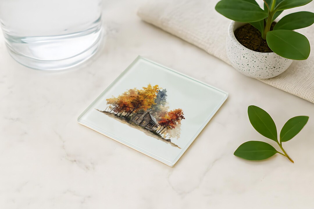 Autumn Log Cabin Glass Coaster: Rustic Fall Foliage Nature Scene - Etsy