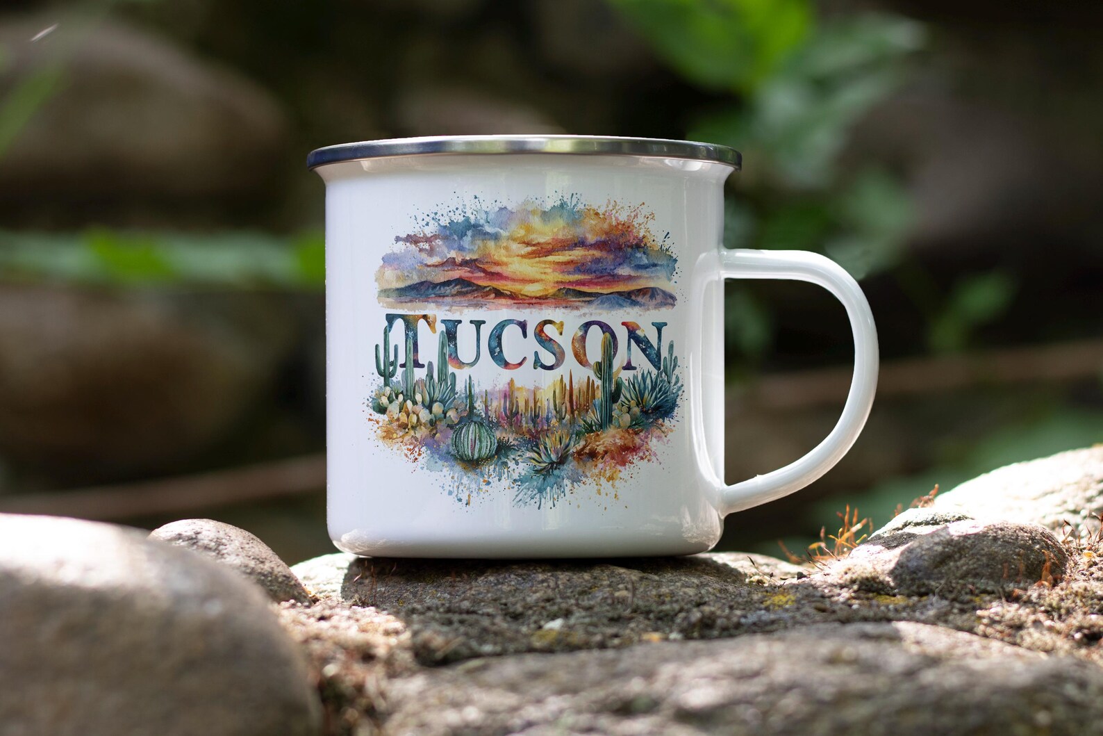 Tucson Desert Cactus Enamel Camping Mug, Southwestern Sunset Scene Cup ...