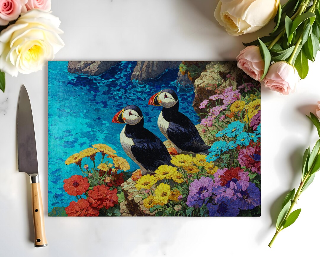 Puffin Couple Tempered Glass Cutting Board - Coastal Kitchen Decor - Etsy