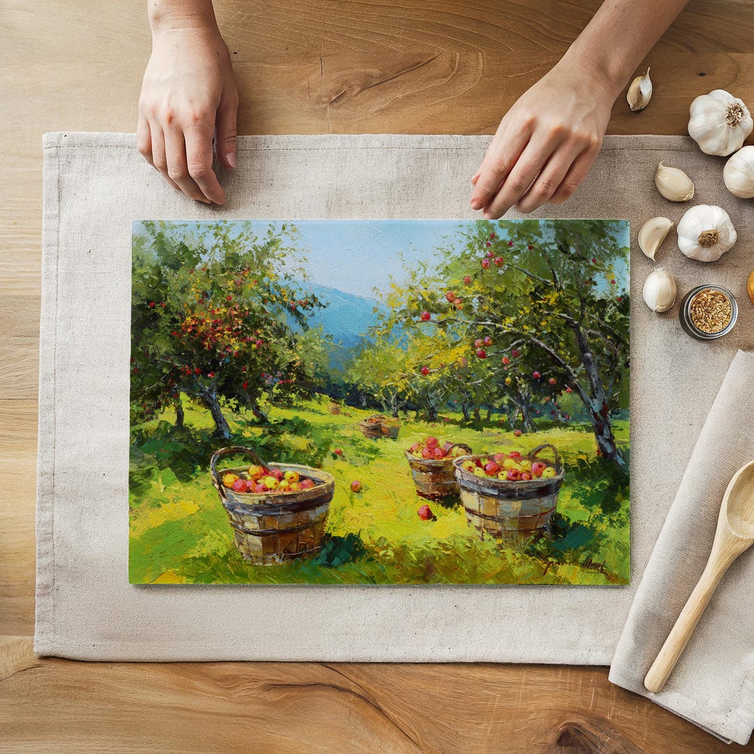 Apple Orchard Glass Cutting Board – Fall Kitchen Decor, Harvest Scene ...