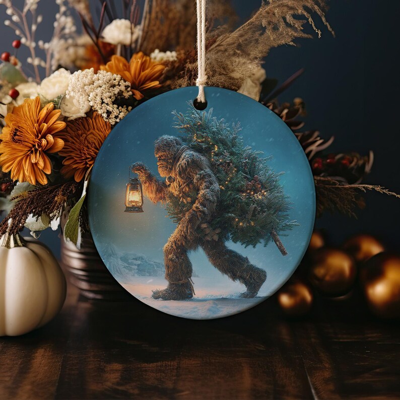 Bigfoot Christmas Ornament: Sasquatch With Tree - Ceramic Holiday Decor ...
