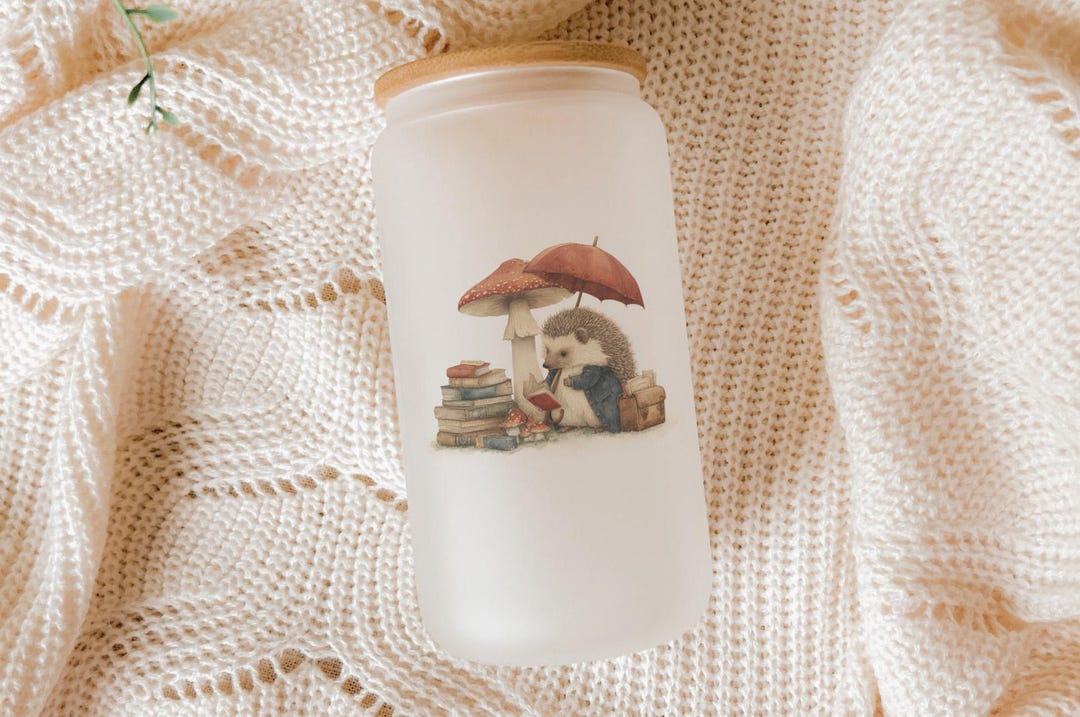 Hedgehog Librarian Frosted Glass Tumbler: Cottagecore Animal Drinkware ...
