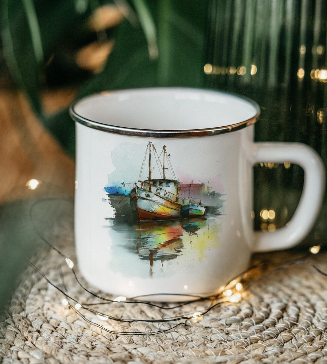 Enamel Camping Mug: Ink Wash Fishing Boats, Rustic Nautical Drinkware ...