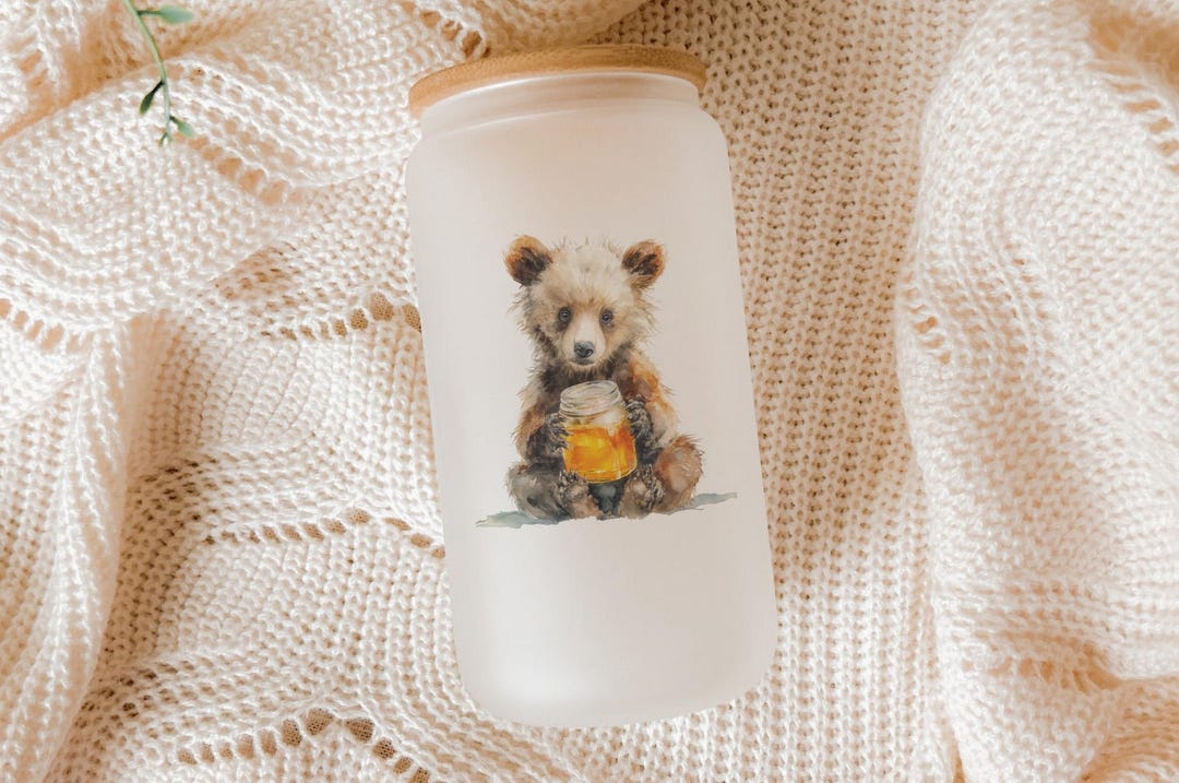 Bear Cub Glass Tumbler: Honey Jar Iced Coffee Cup With Bamboo Lid - Etsy
