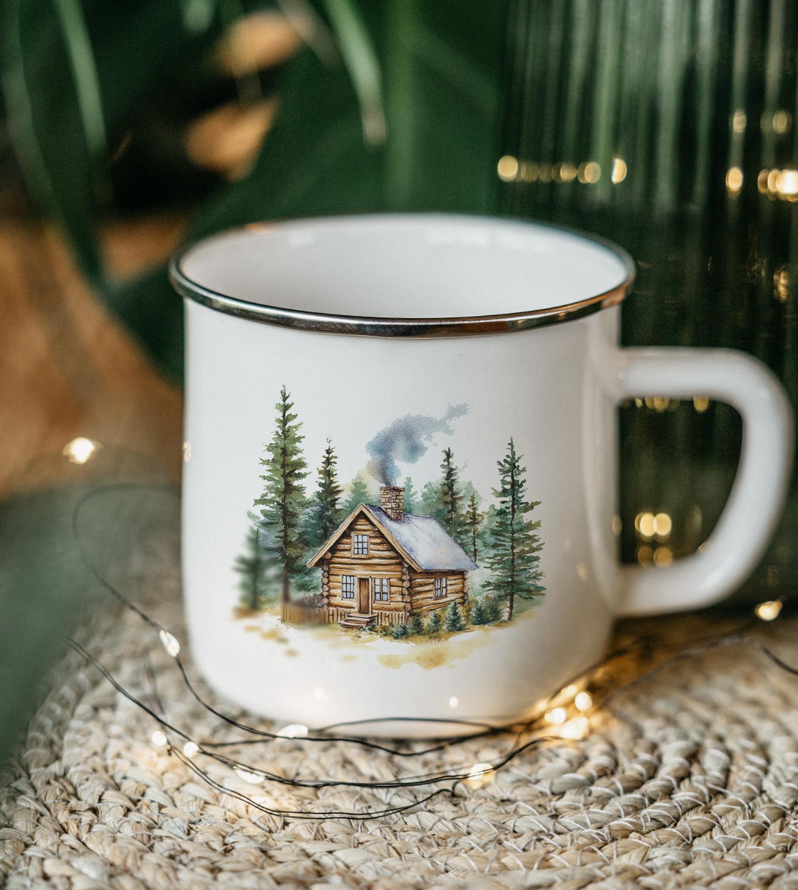 Log Cabin Watercolor Enamel Mug: Pines Design, Outdoor Drinkware - Etsy