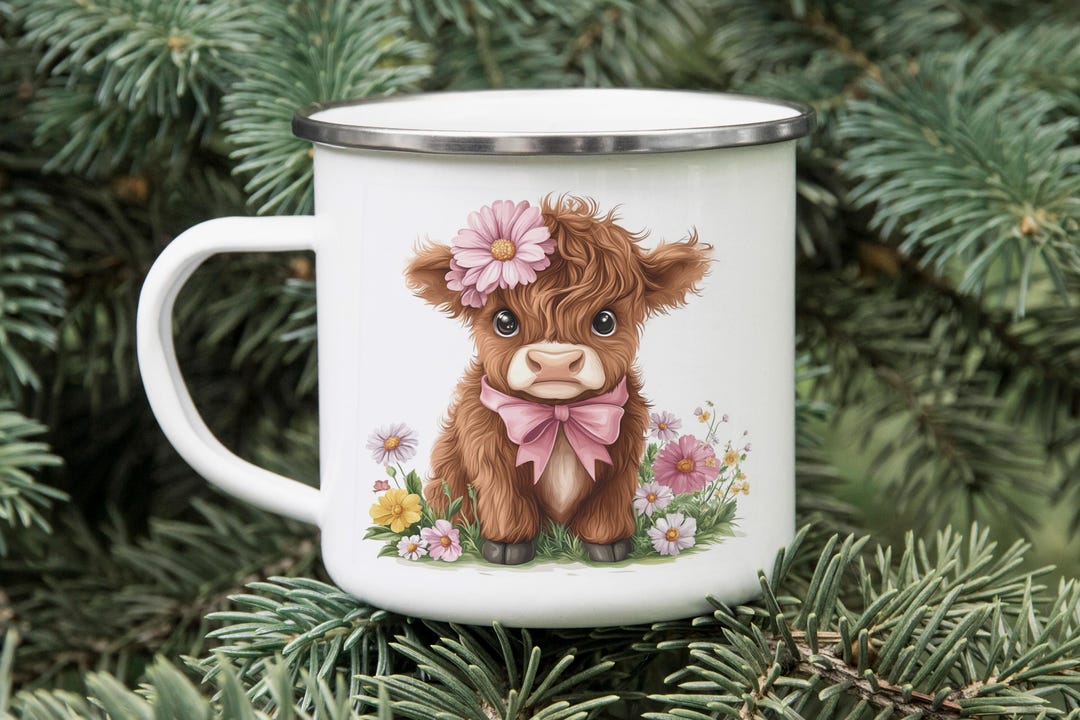 Highland Cow Enamel Camping Mug – Floral Baby Cow Drinkware - Etsy