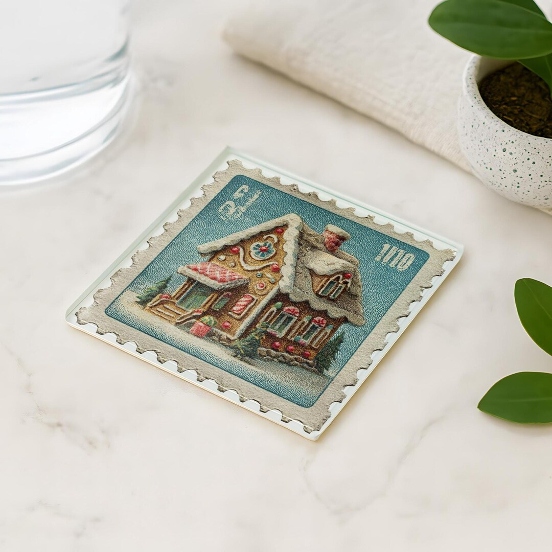Vintage Gingerbread House Postage Stamp Glass Coaster – Candy Accents ...