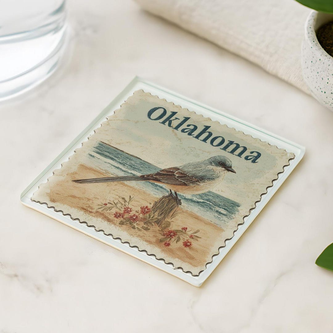 Lake Texoma Glass Coaster: Scissortail Flycatcher Art, Vintage Stamp ...