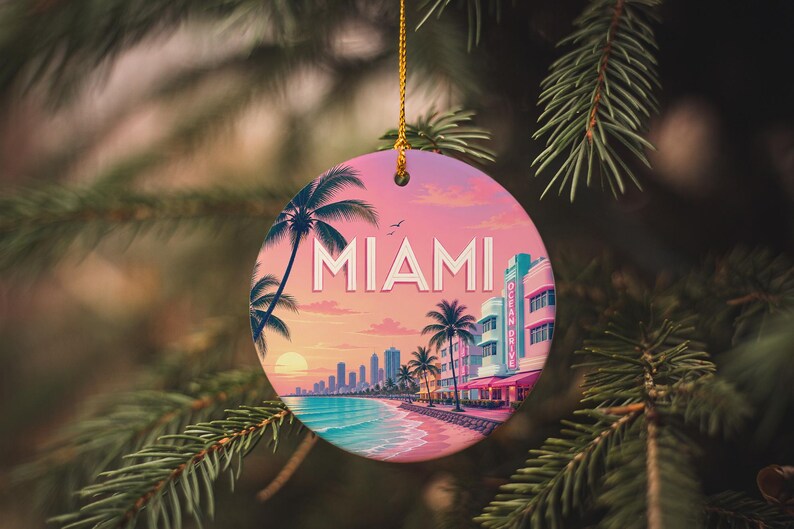 Retro Miami Sunset Ceramic Ornament, Beach Palm Trees Skyline Souvenir ...