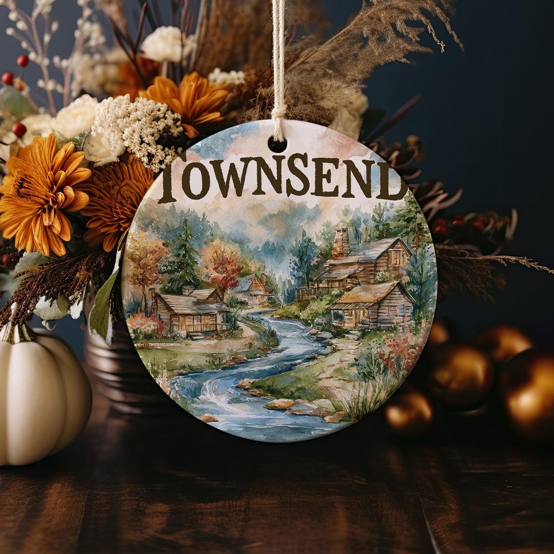 Townsend Smoky Mountain Ceramic Ornament, Rustic Cabin Winding Stream ...