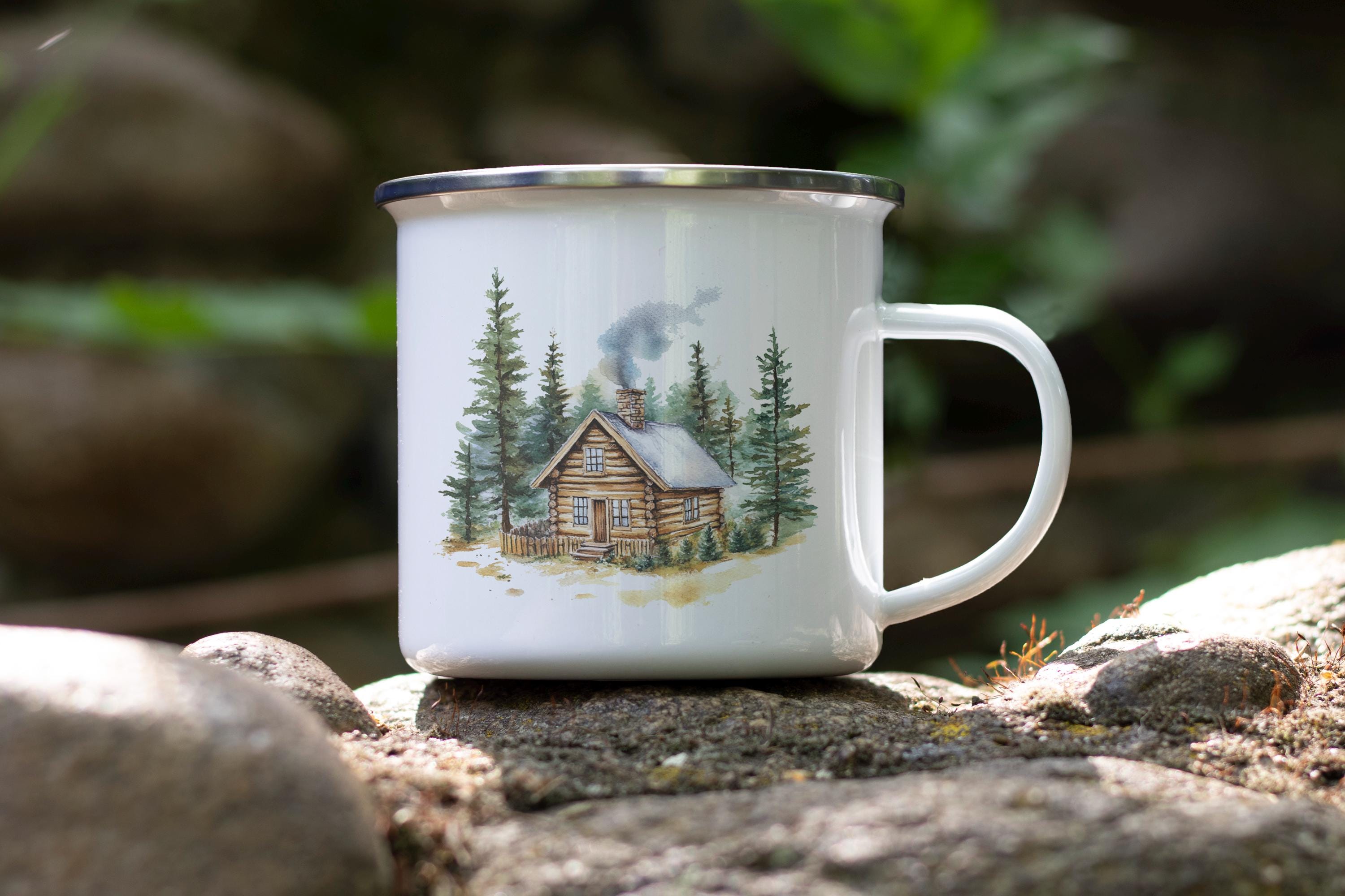 Log Cabin Watercolor Enamel Mug: Pines Design, Outdoor Drinkware - Etsy