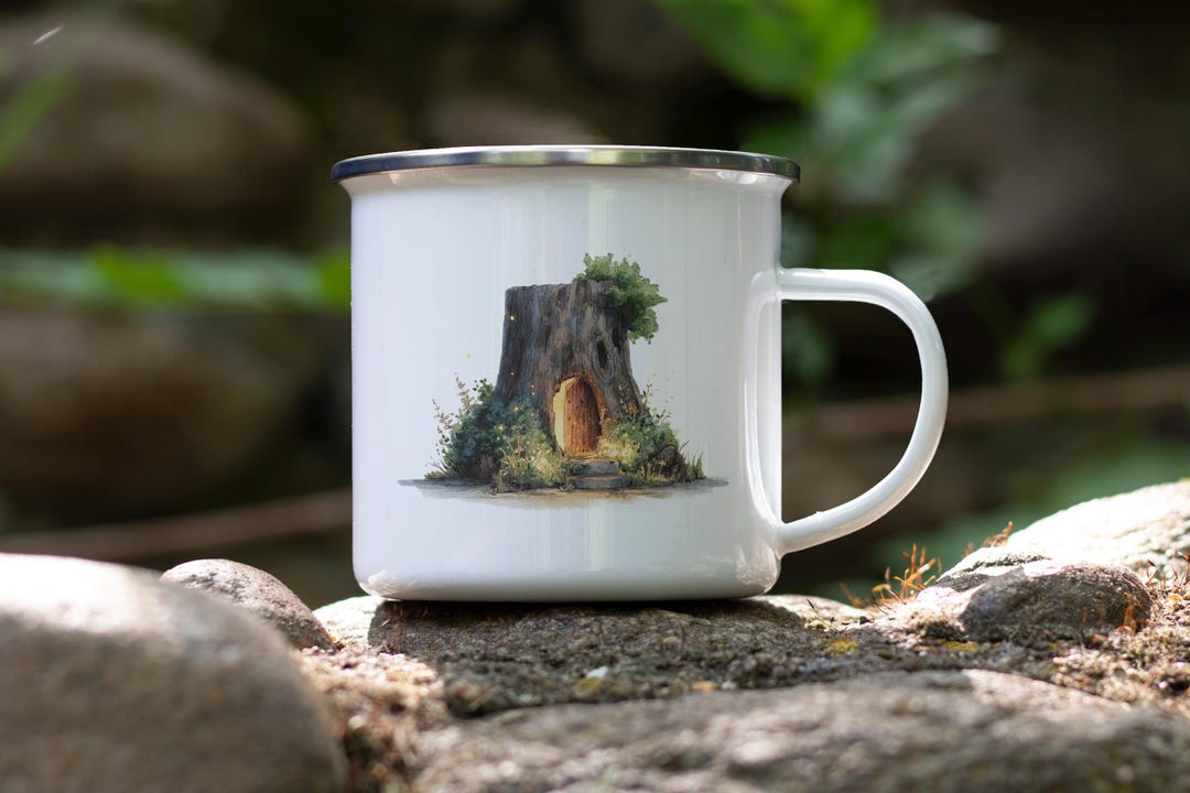 Fairy Tree Stump Enamel Camping Mug: Whimsical Forest Secret Door - Etsy