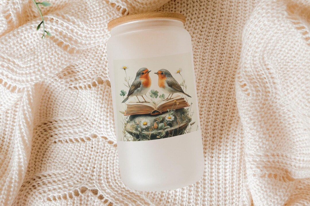 Watercolor Robin Birds Frosted Glass Tumbler: Cottagecore Floral Art - Etsy