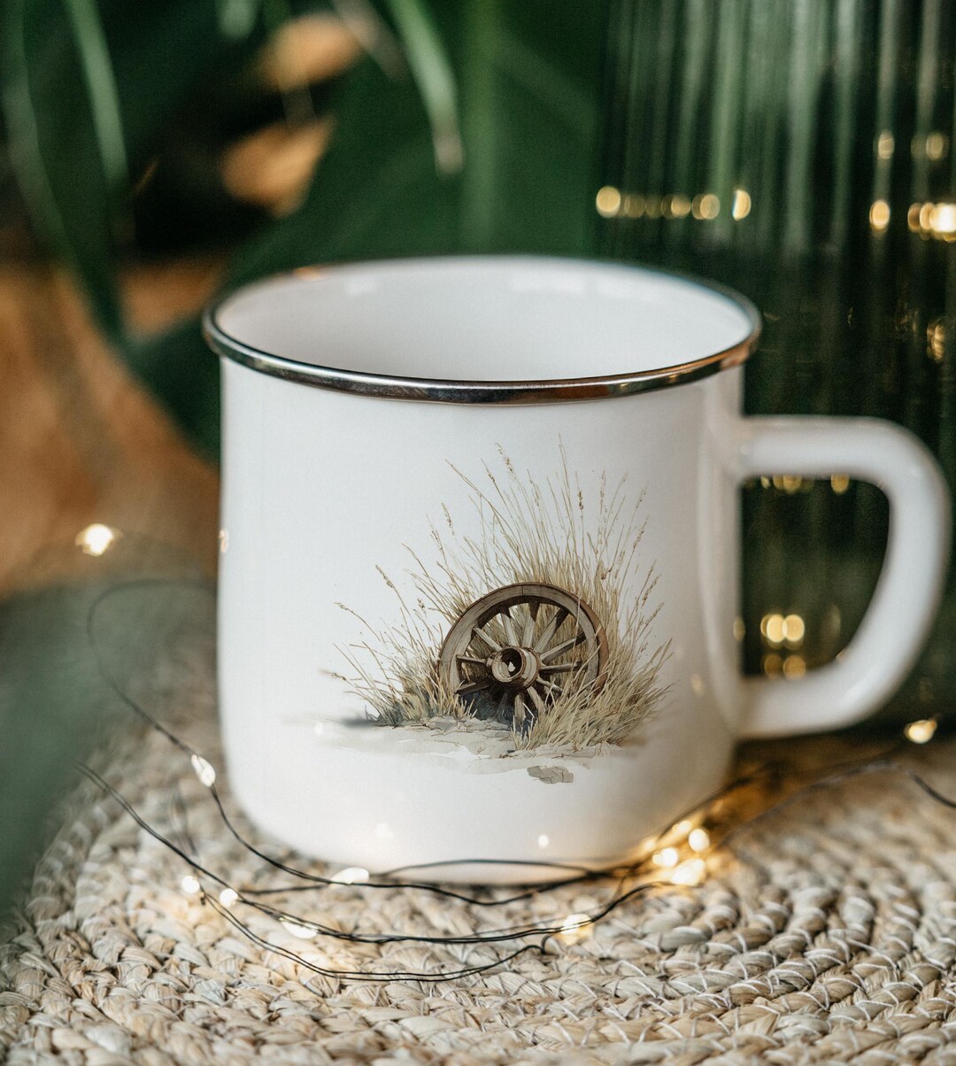 Enamel Camping Mug: Rustic Wagon Wheel & Grass Scene Tin Cup - Etsy