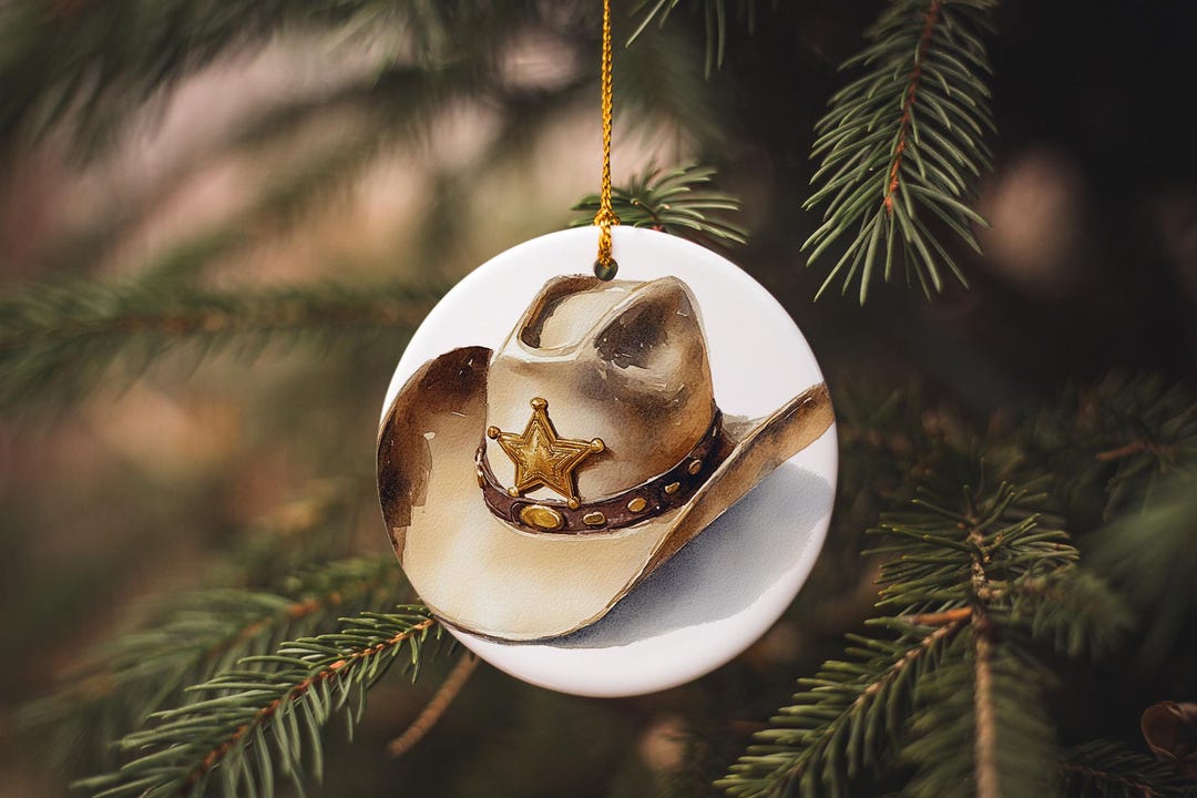 Ceramic Cowboy Hat Ornament – Western Sheriff Star, Rustic Christmas ...