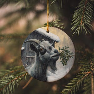 Goat Chewing Mistletoe Ceramic Christmas Ornament: Snowy Winter Decor ...