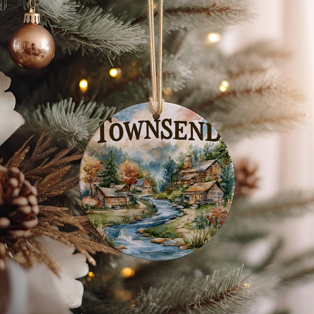 Townsend Smoky Mountain Ceramic Ornament, Rustic Cabin Winding Stream ...