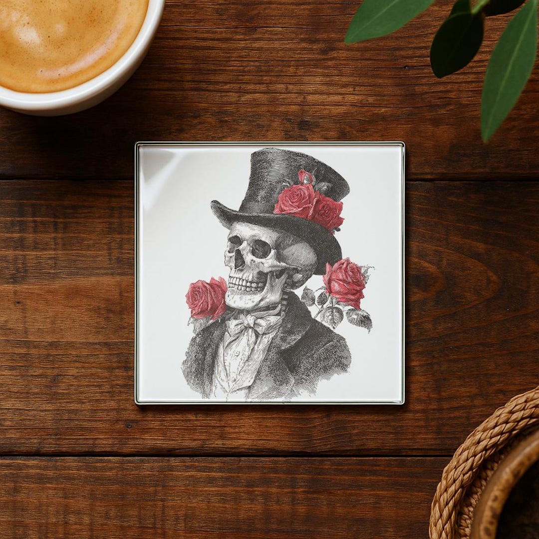Vintage Skeleton Top Hat Glass Coaster - Gothic Halloween Decor - Etsy