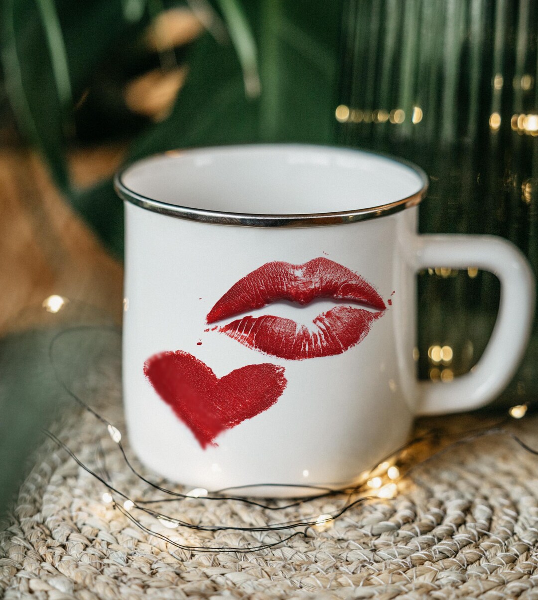 Lipstick Kiss Camping Mug – Red Heart Enamel, Retro Coffee Cup - Etsy
