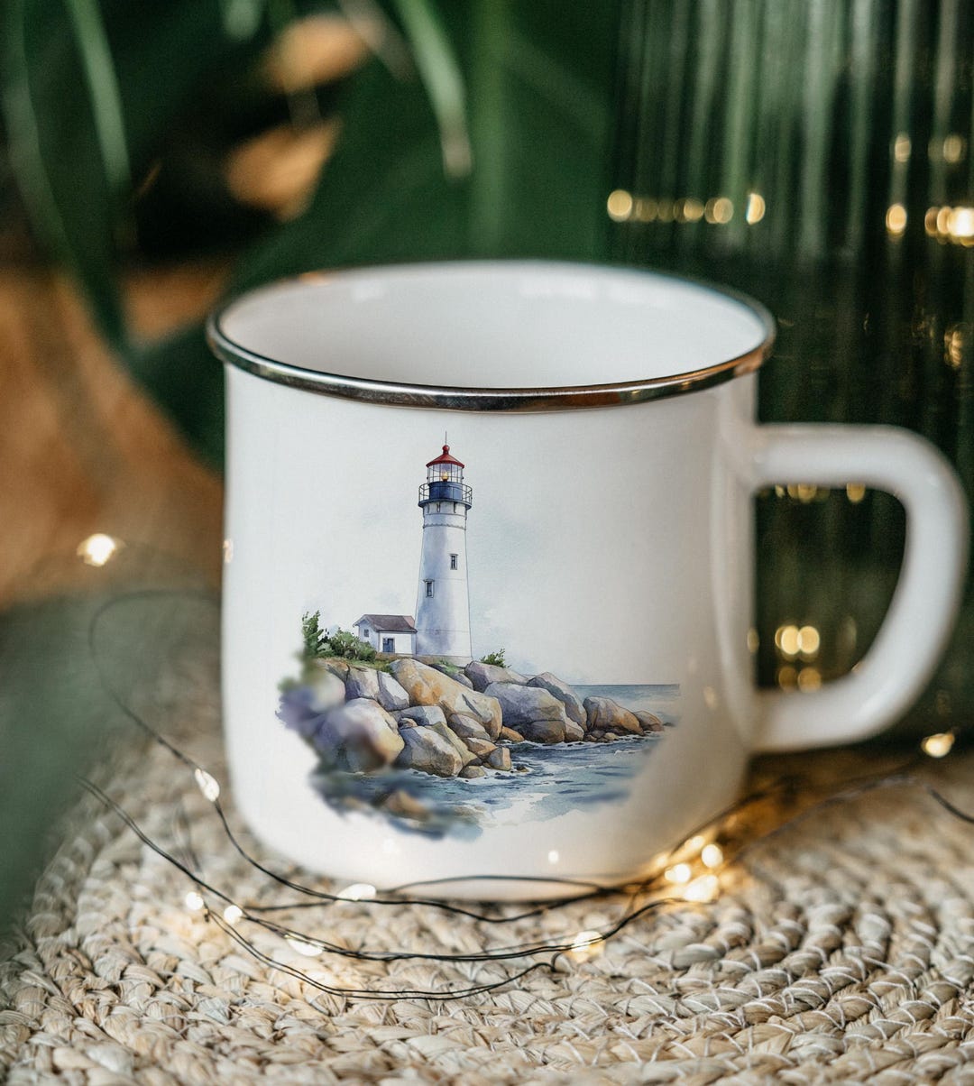 Lighthouse Rocky Shoreline Tin Mug, Camping Enamel Cup, Durable Outdoor ...