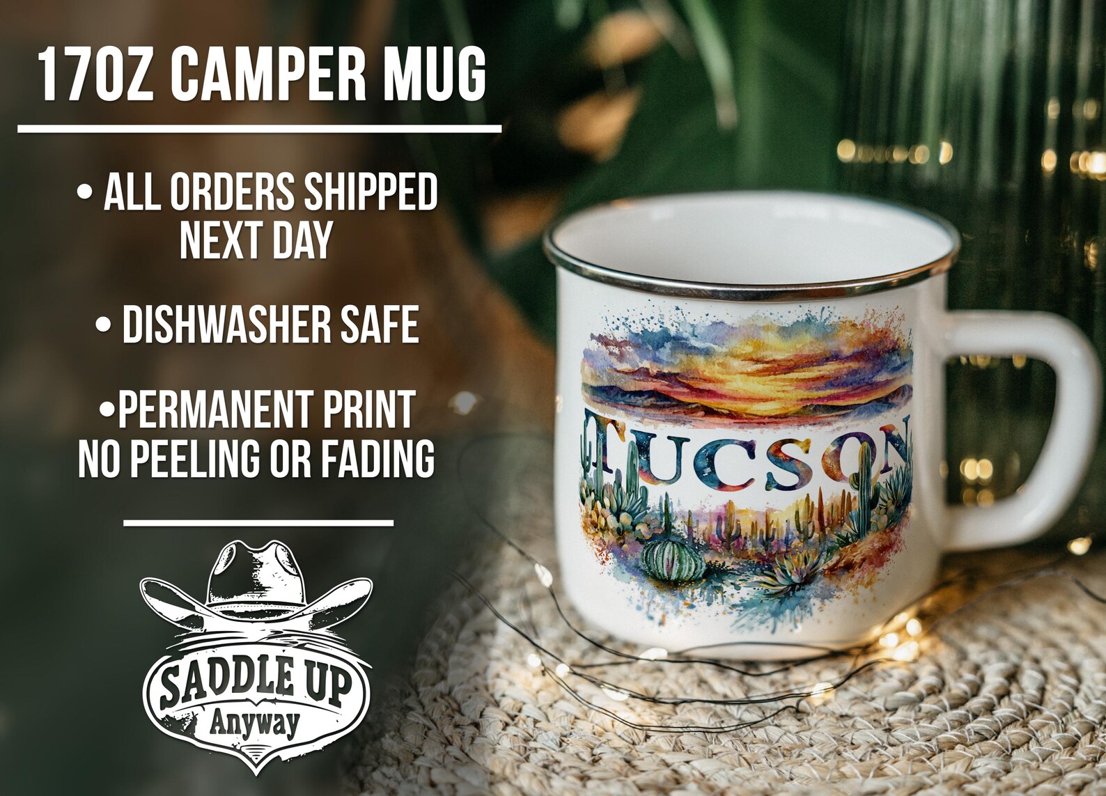 Tucson Desert Cactus Enamel Camping Mug, Southwestern Sunset Scene Cup ...