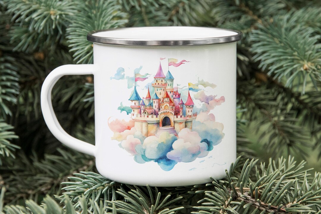 Floating Castle Enamel Mug, Pastel Clouds Tin Mug, Camping Mug, Durable ...