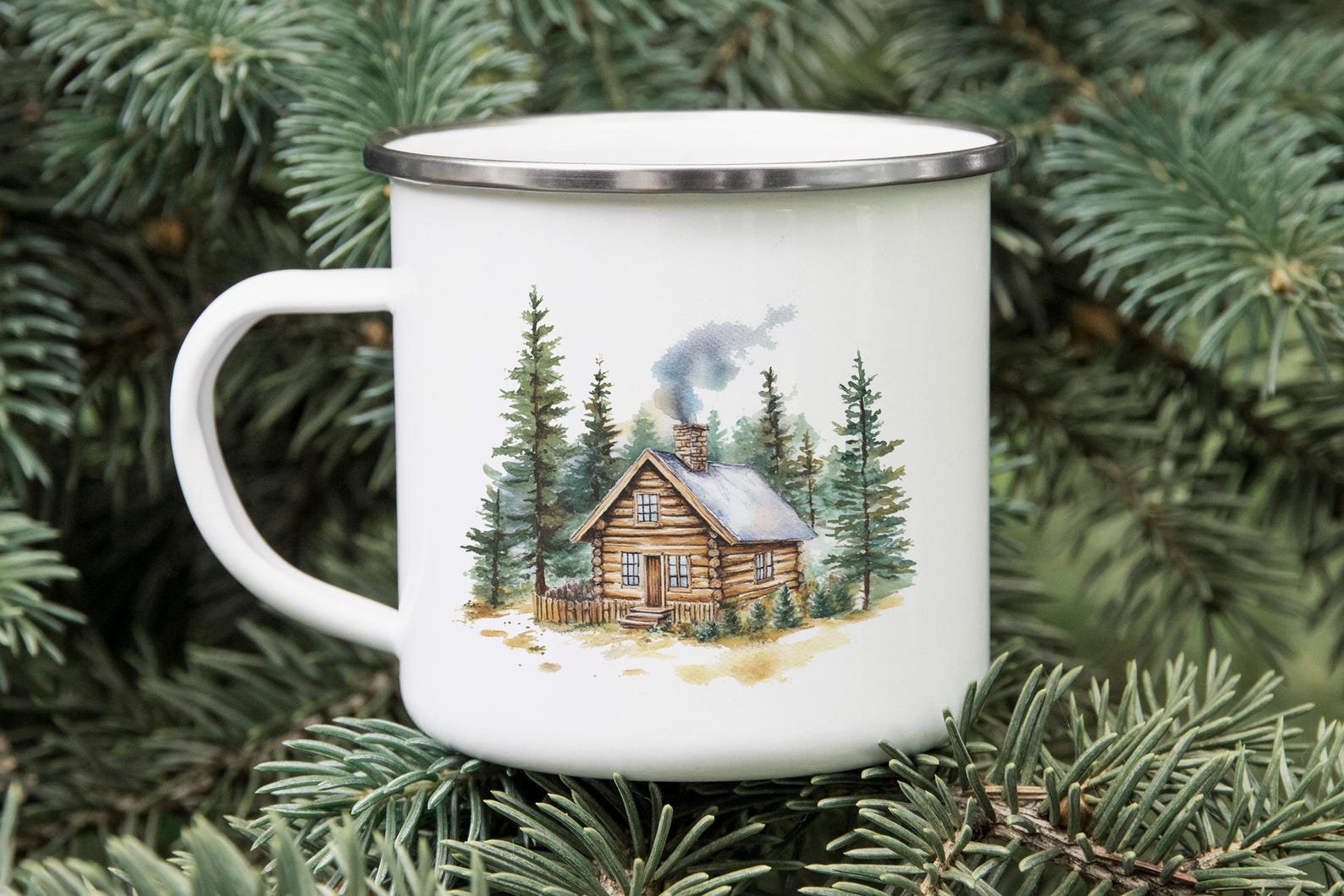 Log Cabin Watercolor Enamel Mug: Pines Design, Outdoor Drinkware - Etsy