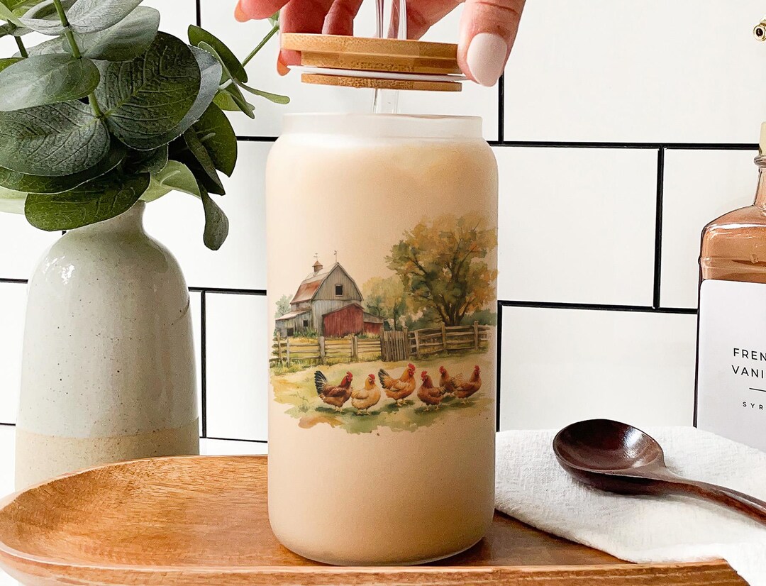Country Farm Glass Tumbler, Barn Scene, Chicken Design, Glass Cup ...