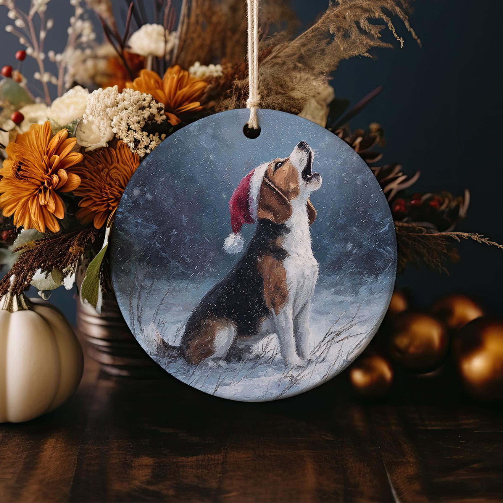 Beagle Howling Christmas Ornament: Santa Hat Dog Ceramic Holiday Decor ...