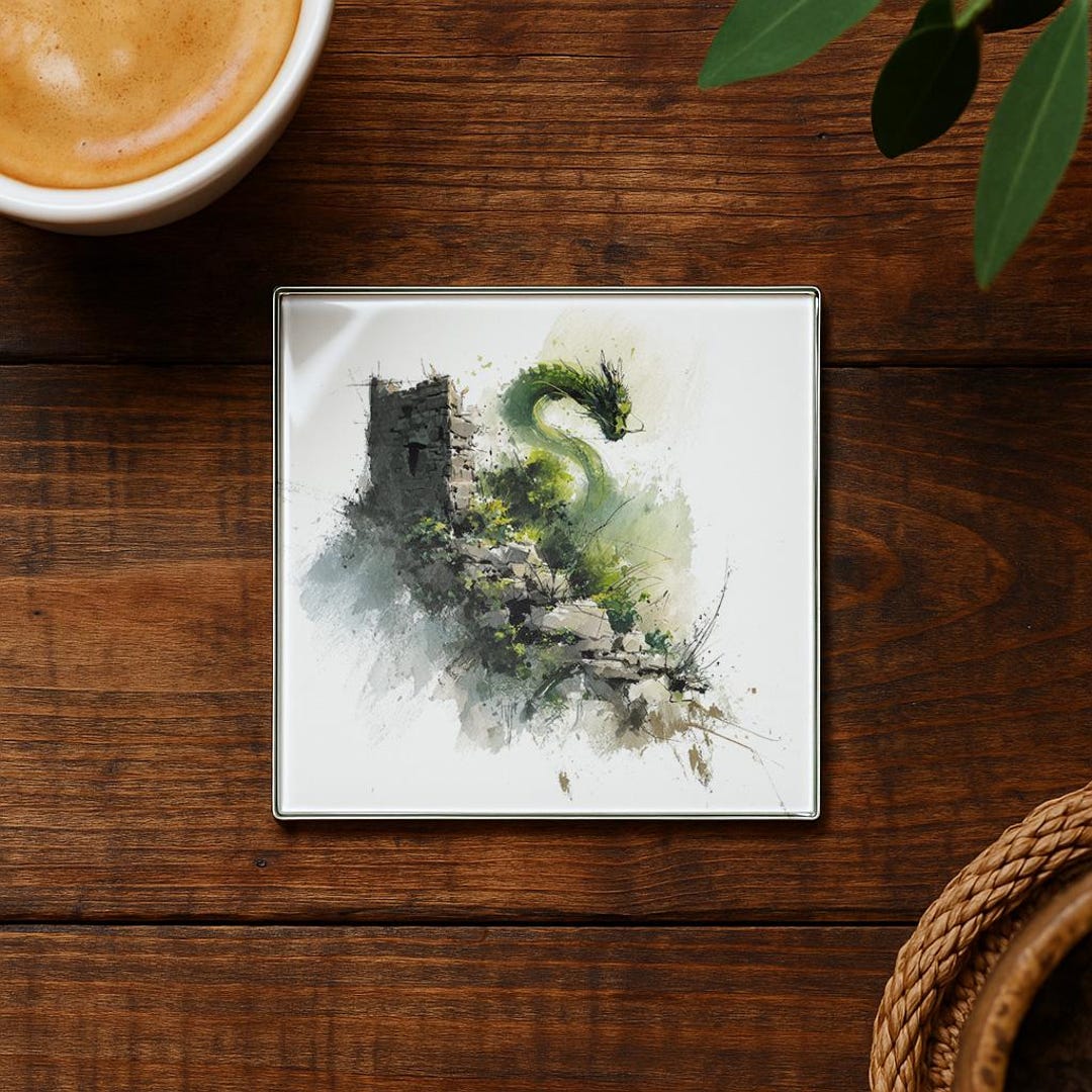 Dragon Wrapped Around Castle Ruins Glass Coaster – Fantasy Gothic Home ...