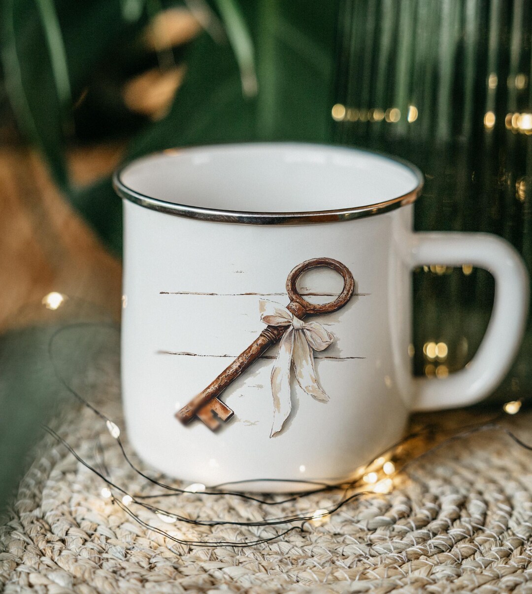 Antique Skeleton Key Watercolor Tin Mug, Enamel Camping Mug, Vintage ...