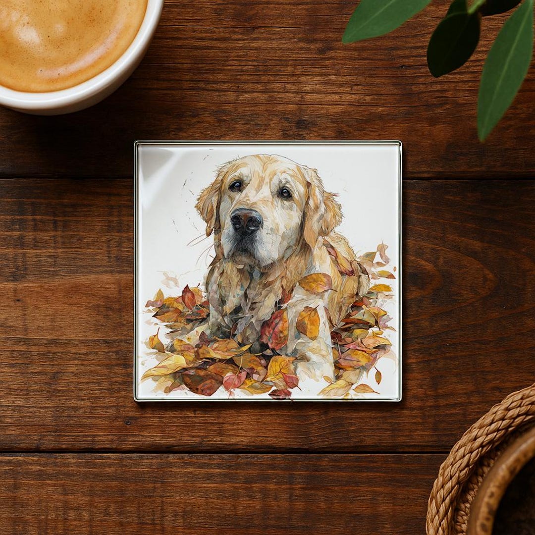 Golden Retriever Glass Coaster: Autumn Leaves, Dog Lover Gift - Etsy