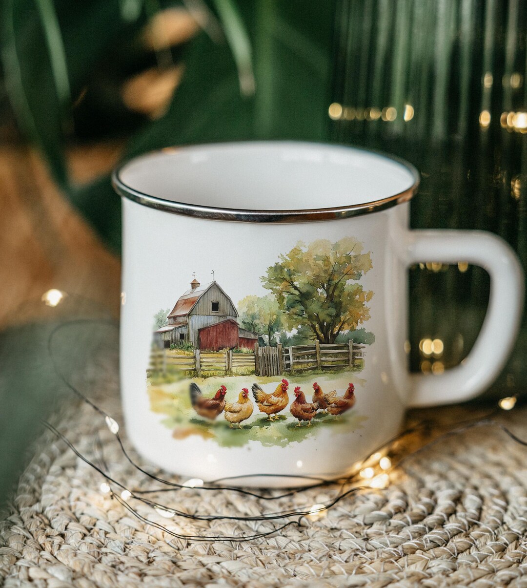 Farmhouse Enamel Camping Mug: Barn and Chickens Design - Etsy
