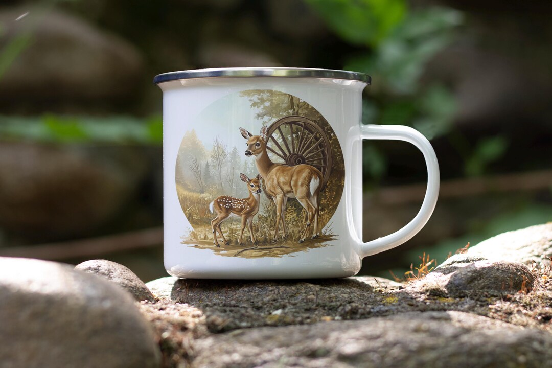White Tailed Deer Mom and Fawn Forest Scene Enamel Camping Mug – Rustic ...