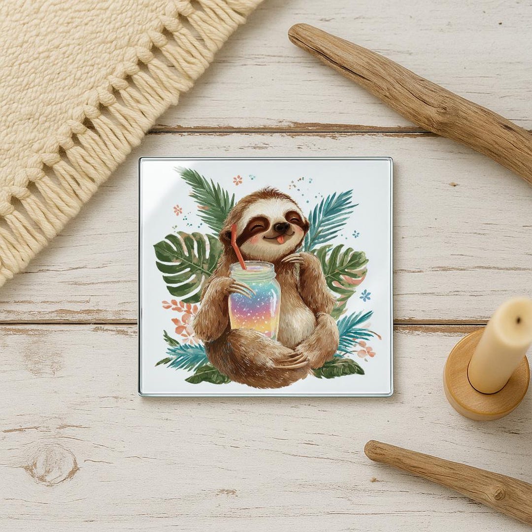 Kawaii Sloth Glass Coaster: Rainbow Smoothie, Pastel Home Decor - Etsy