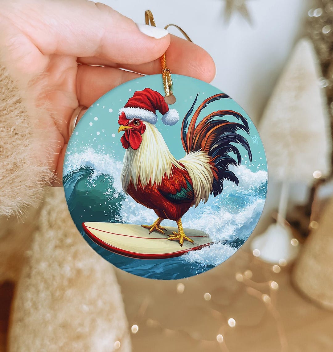 Funny Rooster Surfing Christmas Ornament: Hand-painted Ceramic Holiday ...
