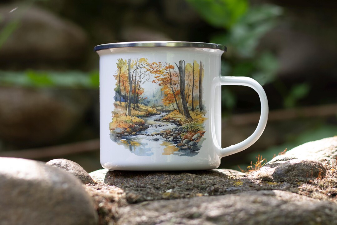 Autumn River Enamel Mug: Fall Foliage Camping Cup (17oz) - Etsy