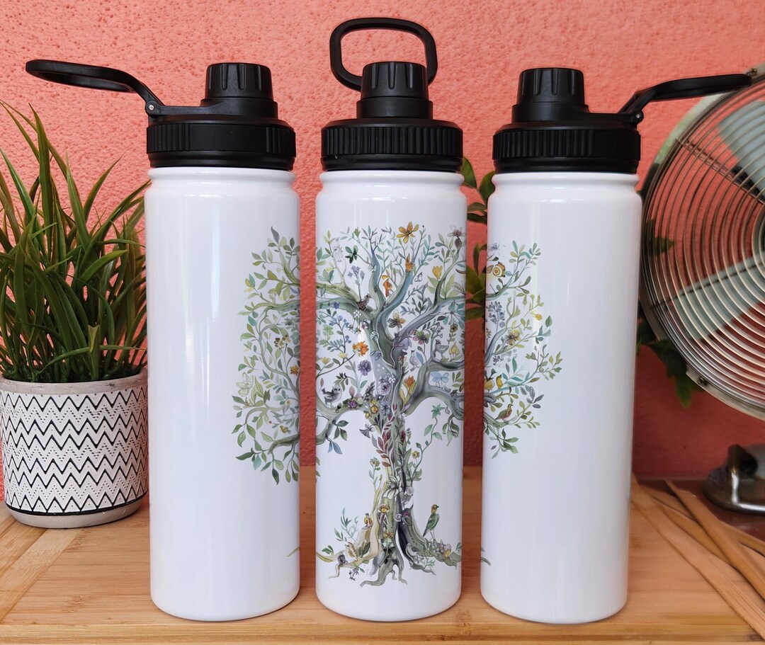 Baltic Tree of Life Water Bottle, Colorful Watercolor, Floral Fauna ...