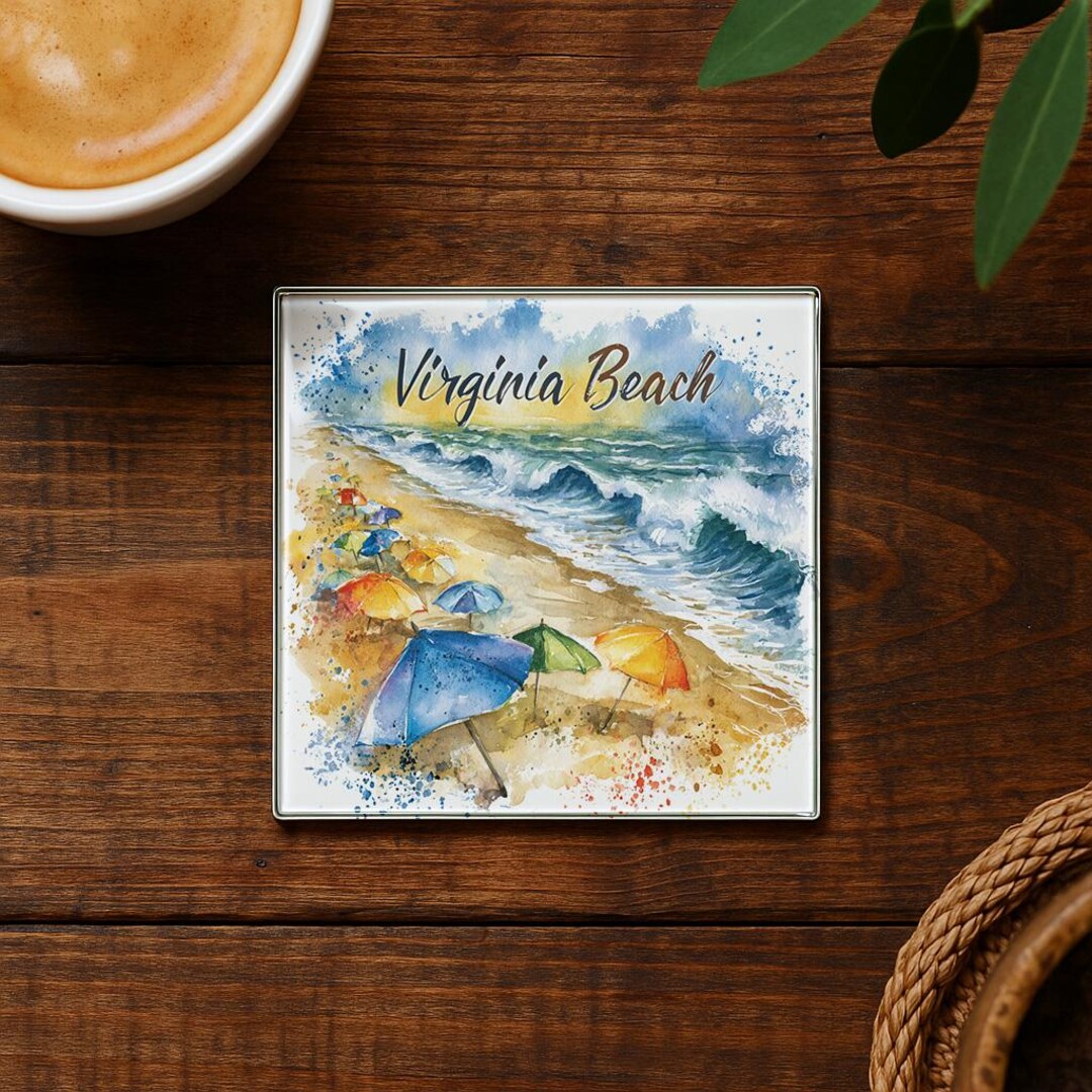 Virginia Beach Glass Coaster – Sandy Shoreline, Ocean Waves, Umbrellas ...
